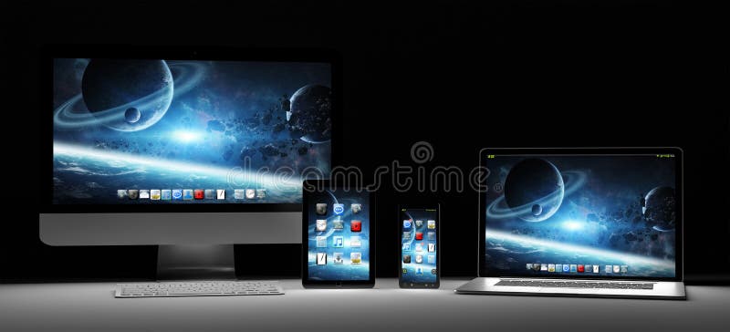 Dark Modern Computer Laptop Mobile Phone and Tablet 3D Rendering Stock ...