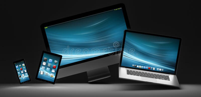 Dark Modern Computer Laptop Mobile Phone and Tablet 3D Rendering Stock ...