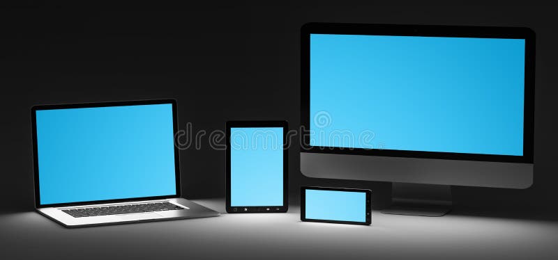 Dark Modern Computer Laptop Mobile Phone and Tablet 3D Rendering Stock ...