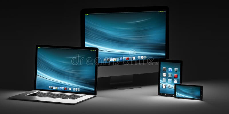 Dark Modern Computer Laptop Mobile Phone and Tablet 3D Rendering Stock ...