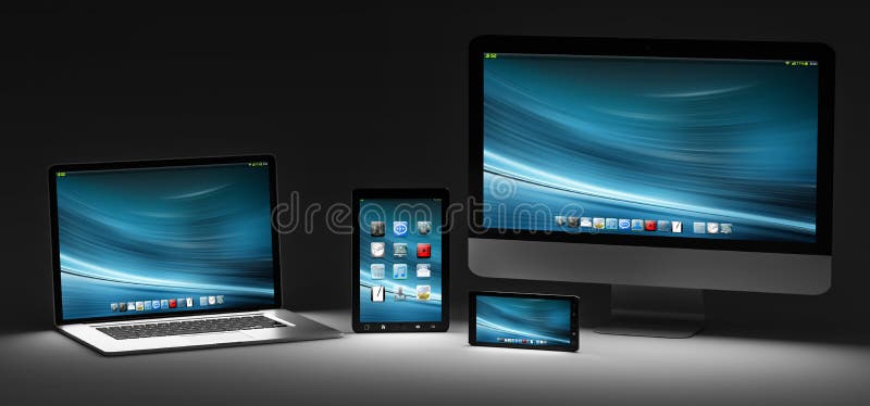 Dark Modern Computer Laptop Mobile Phone and Tablet 3D Rendering Stock ...