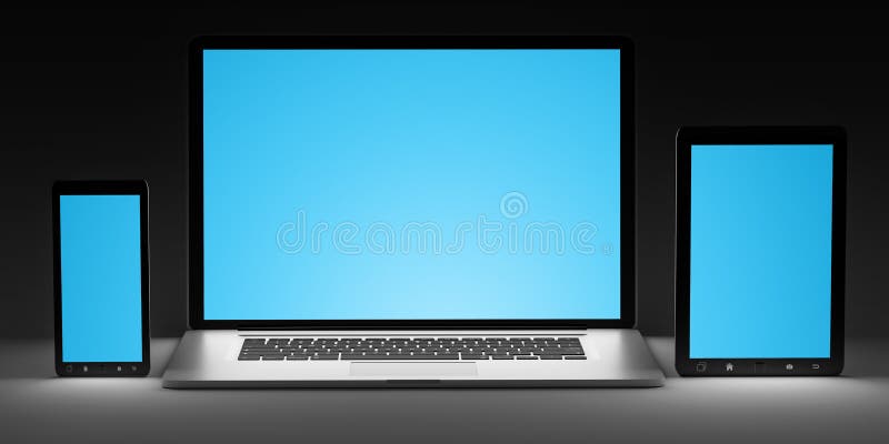 Dark Modern Computer Laptop Mobile Phone and Tablet 3D Rendering Stock ...