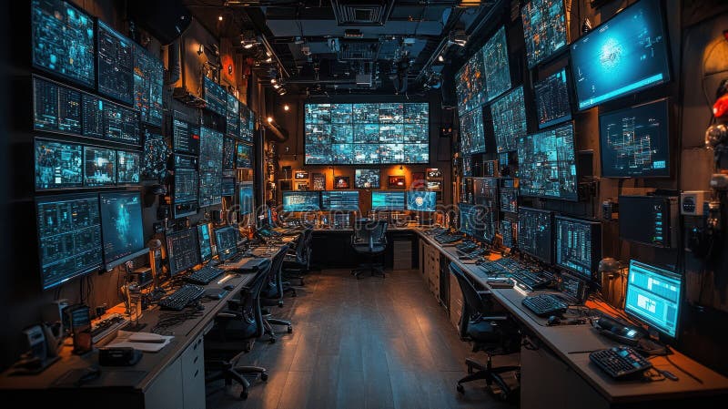 A Dark and Modern Control Room with Rows of Desks, Each Equipped with ...