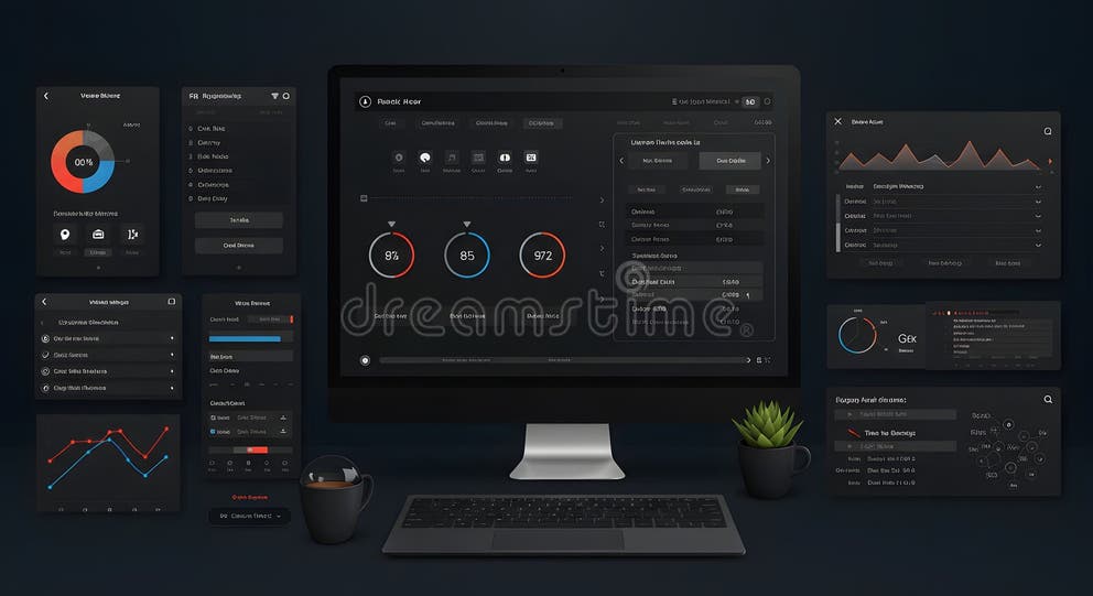 Dark Modern Dashboard UI Design, Desktop Computer Mockup Stock Image ...