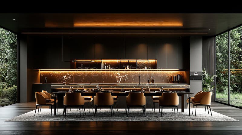 Dark, Modern Dining Room with Large Windows Stock Illustration ...