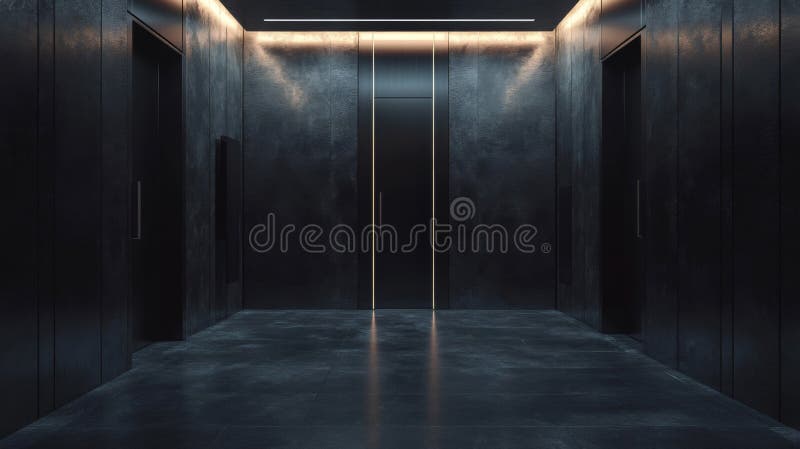 Dark Modern Elevator Hallway with Metallic Walls and Gold Lighting ...