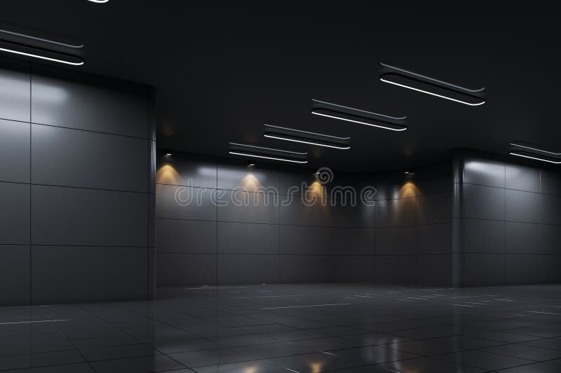 Dark Modern Exhibition Hall with Spotlights and Glossy Tiled Floor. 3D ...