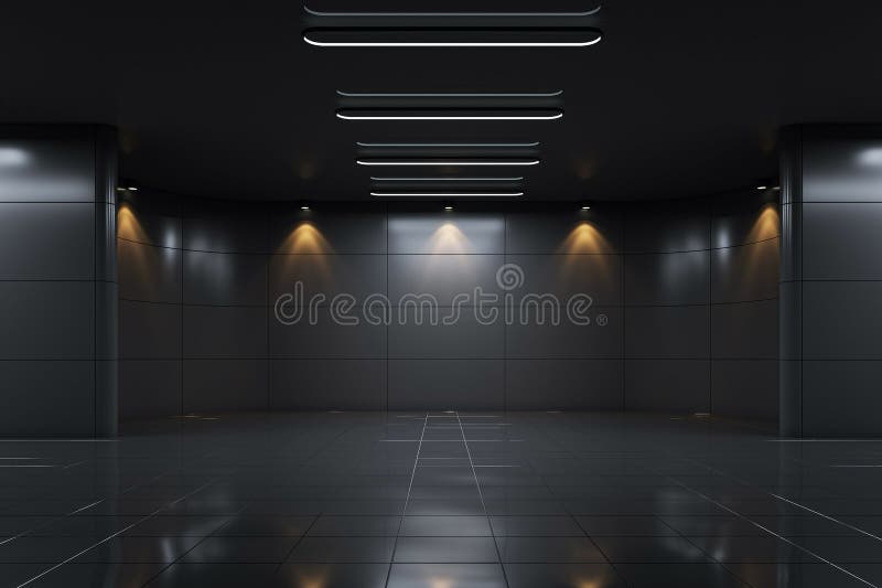 Dark Modern Exhibition Hall with Spotlights and Reflective Floor. 3D ...