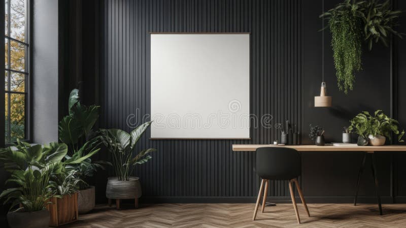 Dark Modern Home Office with Plants and Empty Frame Stock Illustration ...