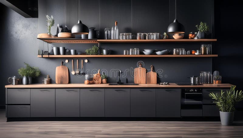 Dark Modern Kitchen Interior with Kitchenware, Cooking Space with ...