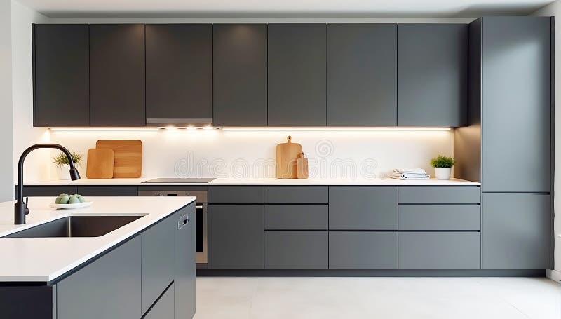 Dark Modern Kitchen Interior with Kitchenware, Cooking Space with ...