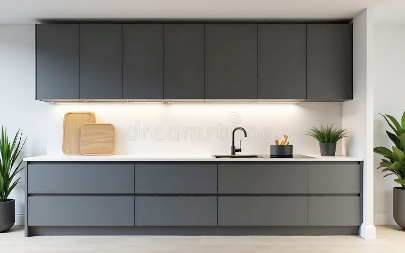 Dark Modern Kitchen Interior with Kitchenware, Cooking Space with ...