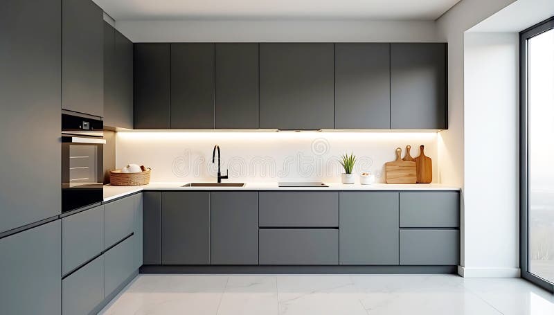 Dark Modern Kitchen Interior with Kitchenware, Cooking Space with ...