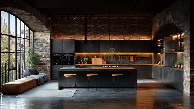 Dark Modern Loft Kitchen Island City View Stock Illustration ...