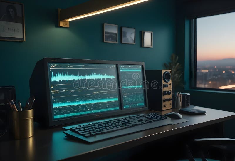 A Dark, Modern Office with Teal Walls Featuring a Computer with Dual ...