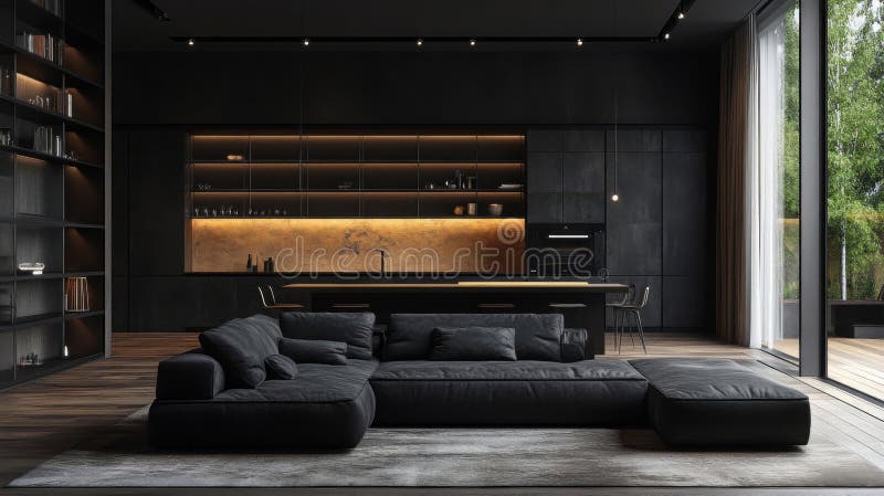 Dark Modern Open Plan Living Room with Black Sofa and Kitchen Stock ...