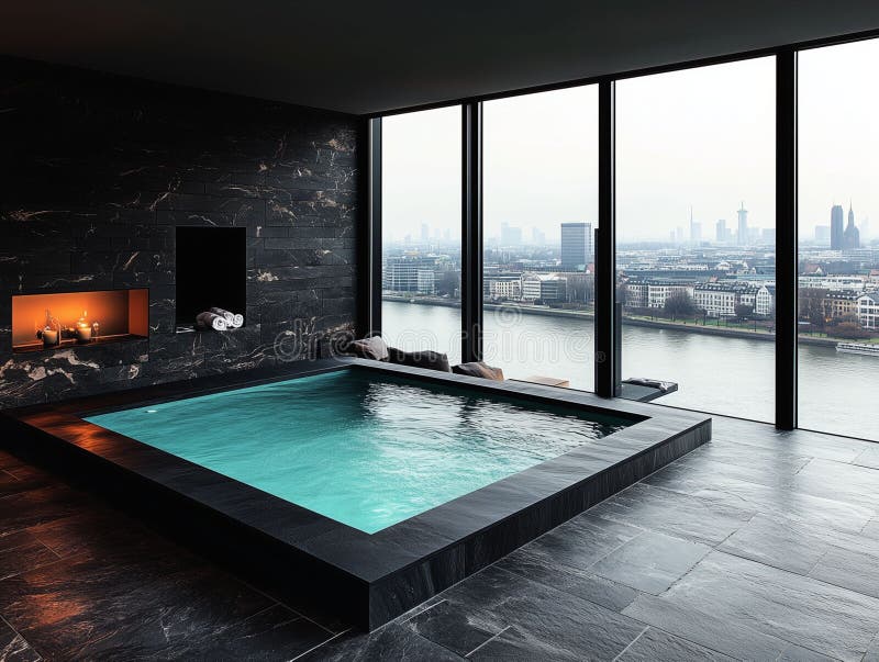 Sleek Indoor Pool with Turquoise Glow Stock Illustration - Illustration ...