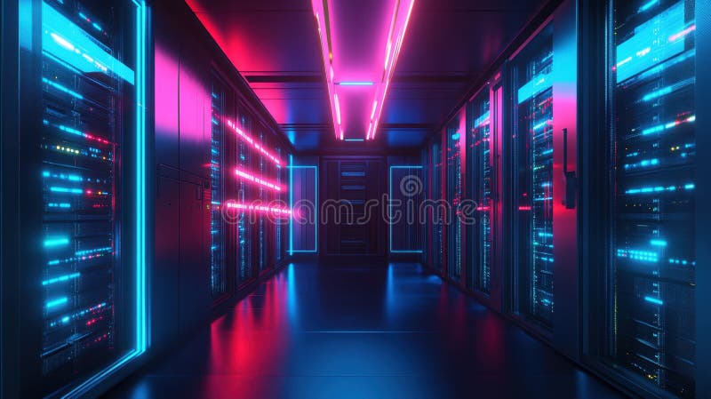 Dark Modern Spacious Interconnected Servers Room Blue Neon Light ...