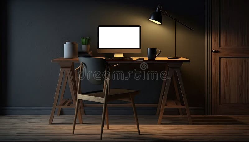 Dark Modern Workspace with Mock Up Desktop Computer on Wooden Table ... Dark Modern Workspace with Mock Up Desktop Computer on Wooden Table ...