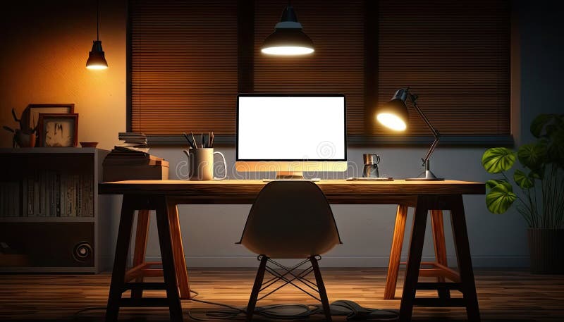 Dark Modern Workspace with Mock Up Desktop Computer on Wooden Table ...