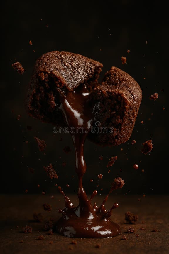 Dark Molten Chocolate Cake Exploding with Warm Fudge Center on Black ...