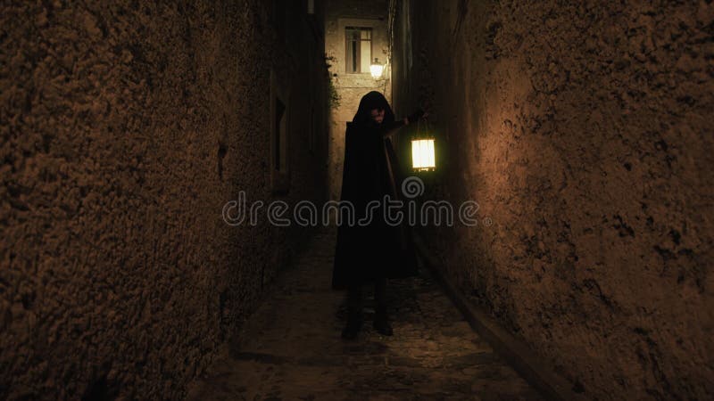 Dark Monk with the Lanter Inside the Ancient Walls Stock Footage ...