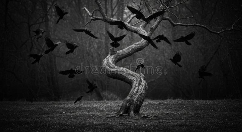 Dark Monochromatic Image of Crows Flying Around a Twisted Tree in a ...
