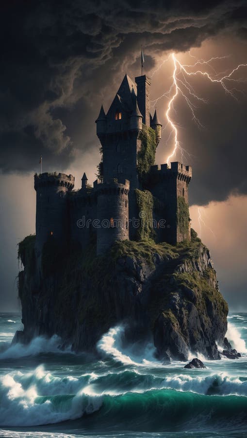 Dark and Moody Castle on a Cliffside with Storm Clouds Gathering Overhead Stock Illustration ...