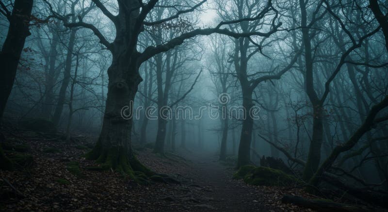 Dark Moody Foggy Forest Path with Ancient Trees Stock Illustration ...
