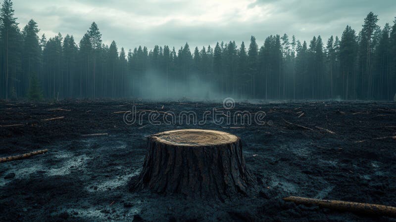 Dark Moody Forest Landscape with Single Tree Stump Stock Illustration ...