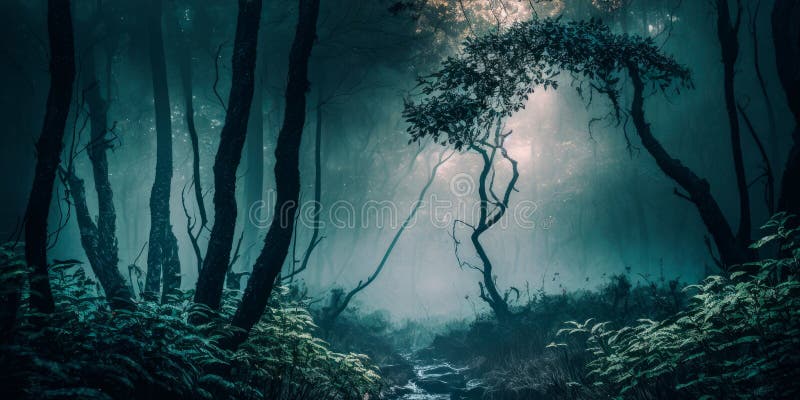 A Dark and Moody Forest with Mist and Fog Generative AI Stock ...