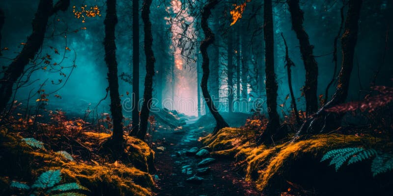 A Dark and Moody Forest with Mist and Fog Generative AI Stock ...