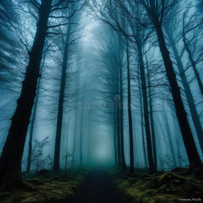 A Dark and Moody Forest with Mist and Stock Illustration - Illustration ...