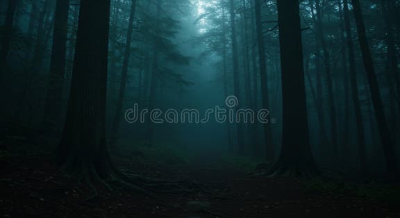 Dark Moody Forest Path in Deep Fog Stock Illustration - Illustration of ...
