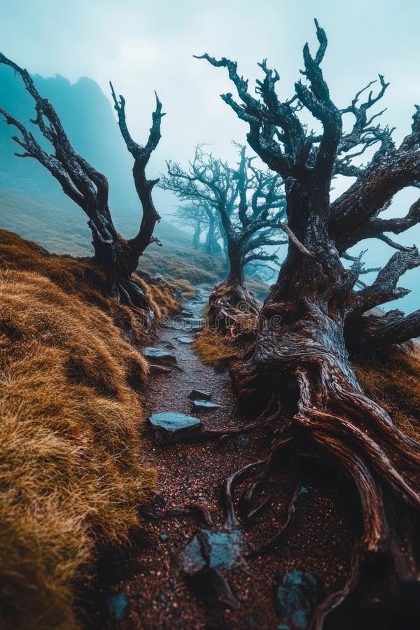 Dark and Moody Forest Pathways are Shrouded in Eerie Mist, Creating an ...