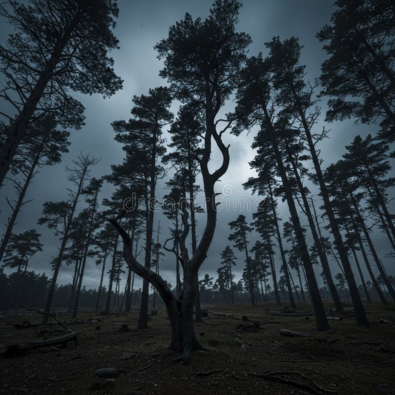 Dark Moody Forest with Tall Pine Trees and a Dead Tree Stock ...
