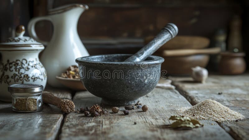 Rustic Kitchen Still Life with Granite Mortar and Pestle Stock ...