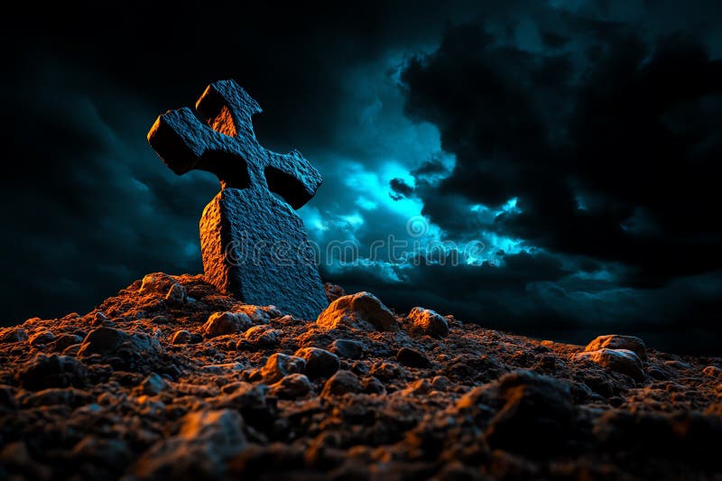 A Dark, Moody Image of a Tombstone with a Gothic Cross, Set in a ...