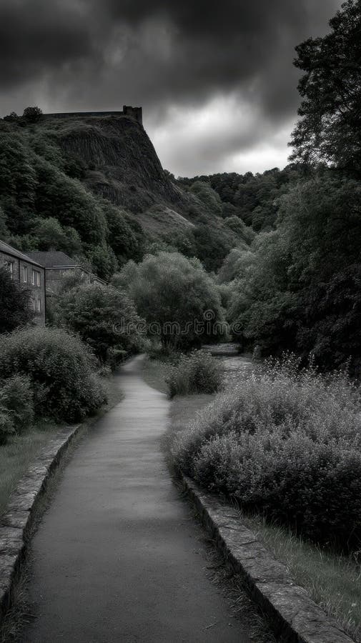 Dark Moody Landscape with Path, River, and Castle Ruins on Hill Stock ...