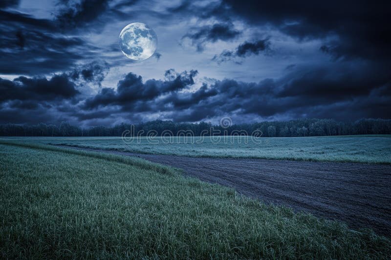 Dark, Moody Landscape Under a Bright Full Moon with Dramatic Clouds in ...
