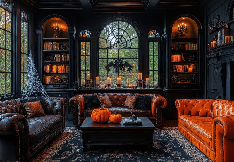 Dark and Moody Library Interior with Orange Sofas and Autumnal Foliage ...