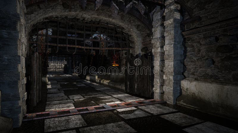 Dark Moody Medieval Castle Hallway with Black Iron Gate. 3D ...