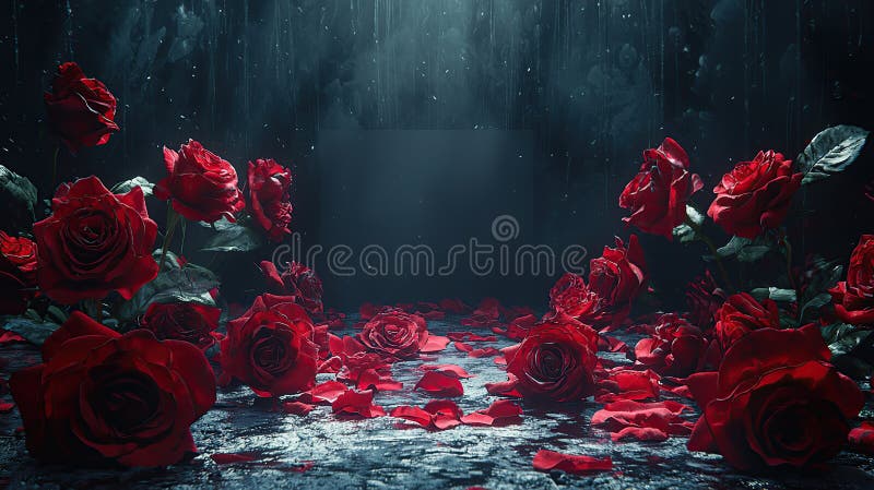 Dark Moody Scene with Red Roses and Petals on Wet Ground, Dramatic ...