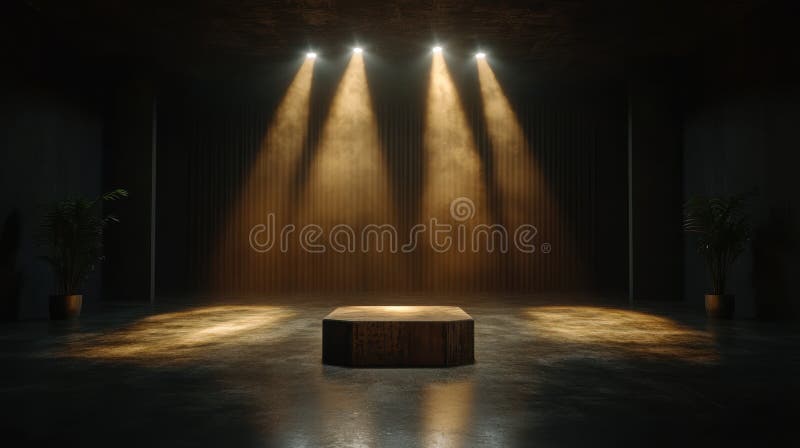 A Dark, Moody Stage Featuring a Central Pedestal Illuminated by Warm ...
