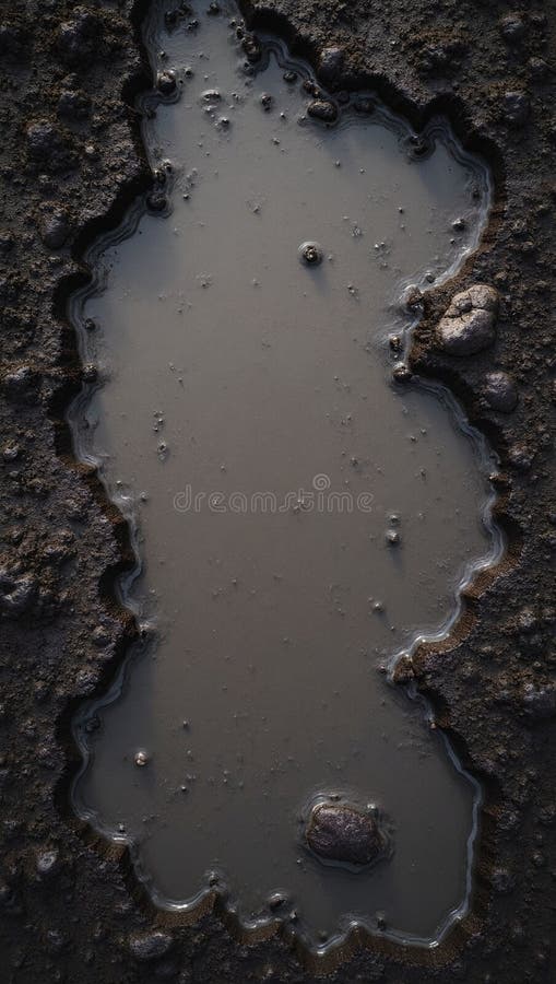 Dark Mud Puddle with Bubbles Ripples and Cracked Edges Stock ...