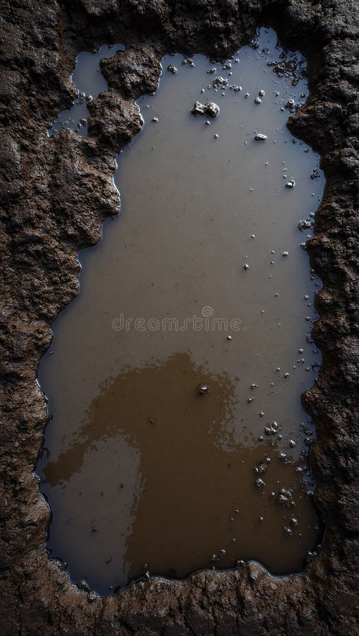 Dark Mud Puddle with Bubbles Ripples and Cracked Edges Stock ...