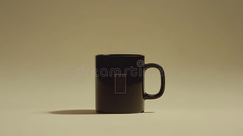 A Dark Mug with a Rectangular Design on a Beige Surface Casting a Soft ...
