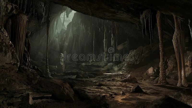 A Dark and Mysterious Cave with a Light Coming from the Entrance Stock ...