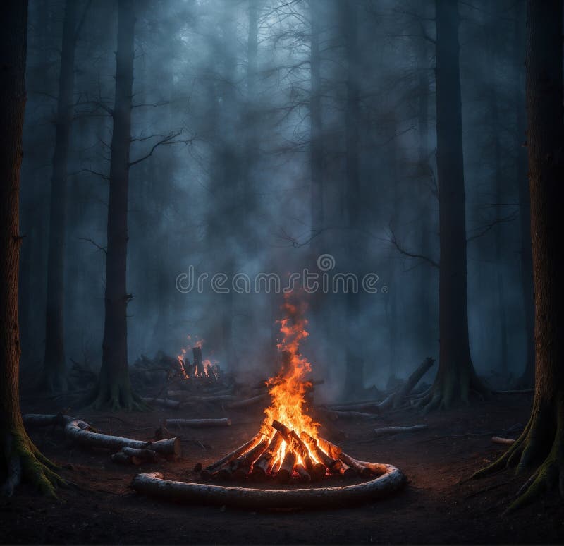 In a Dark and Mysterious Forest, the Lone Campfire Burns Brightly ...