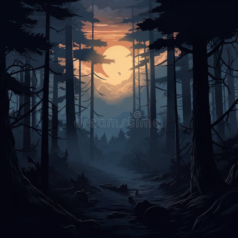 Dark and Mysterious Forest at Dusk with Interweaving Shadows Stock ...
